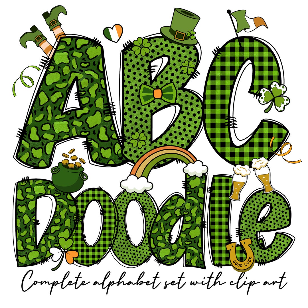 St Patrick's Day Letters With Clip Art PNG, Shamrock Alphabet, Doodle ...