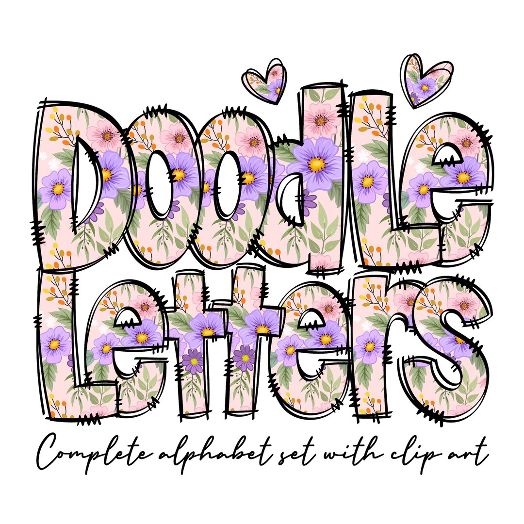 Purple Flowers Doodle Letters, Hand Drawn Doodle Alpha Bundle Patterned ...