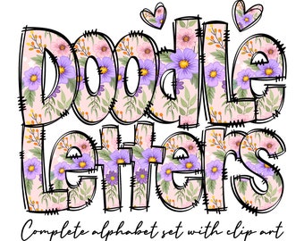 Watercolor Flowers Doodle Letters, Hand Drawn Doodle Alpha Bundle ...