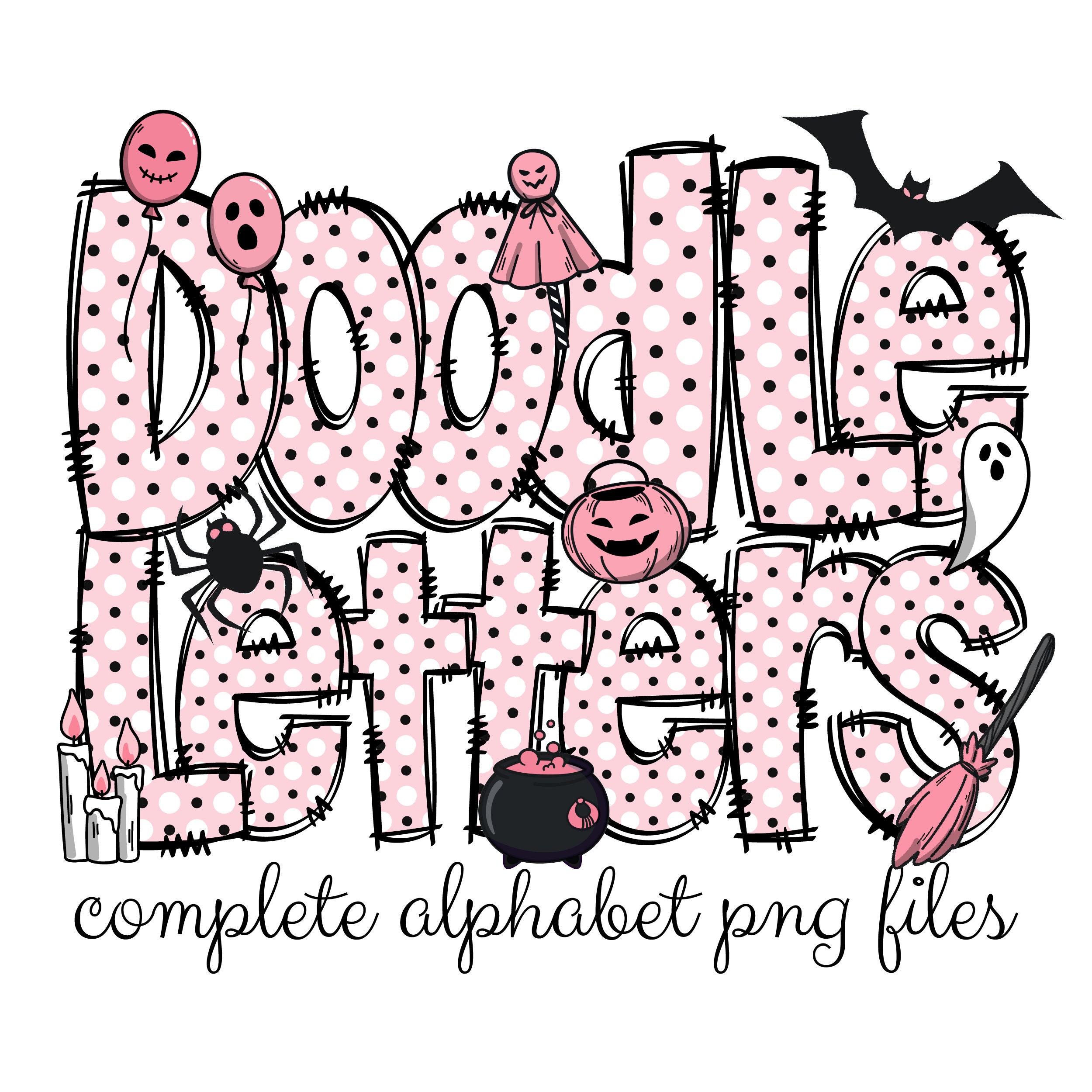 Pink Halloween Doodle Letters With Clip Art PNG Files Make - Etsy