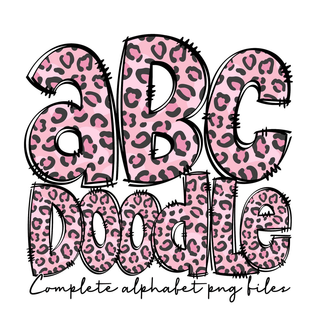 Pink Leopard Doodle Letters Alphabet Set With Clipart, Hand Drawn ...