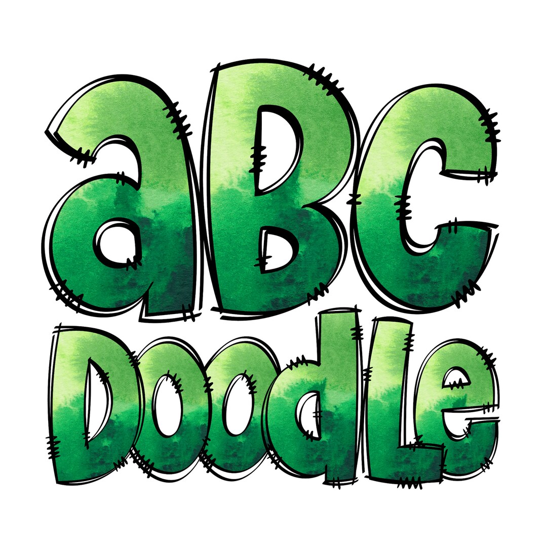 Green Ink Doodle Letters, Hand Drawn Doodle Alpha Bundle Patterned ...