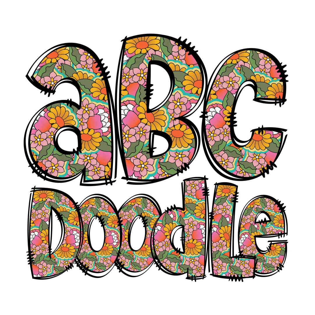 Blue Daisy Doodle Letters, Hand Drawn Doodle Alpha Bundle Patterned ...