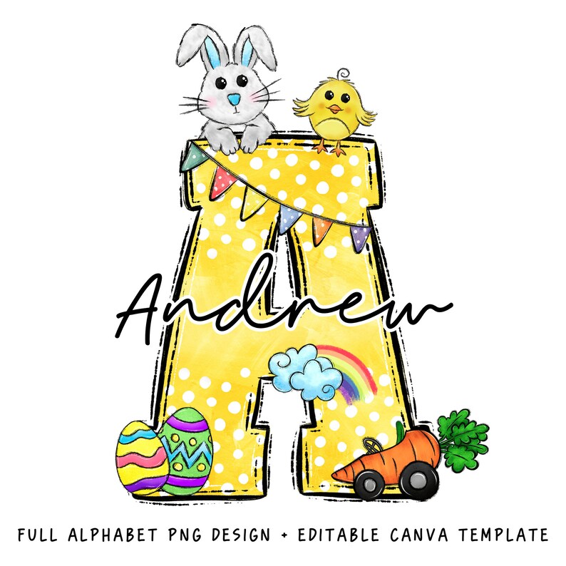 Easter Bunny Doodle Letter PNG, Add Your Own Name, CANVA Template ...