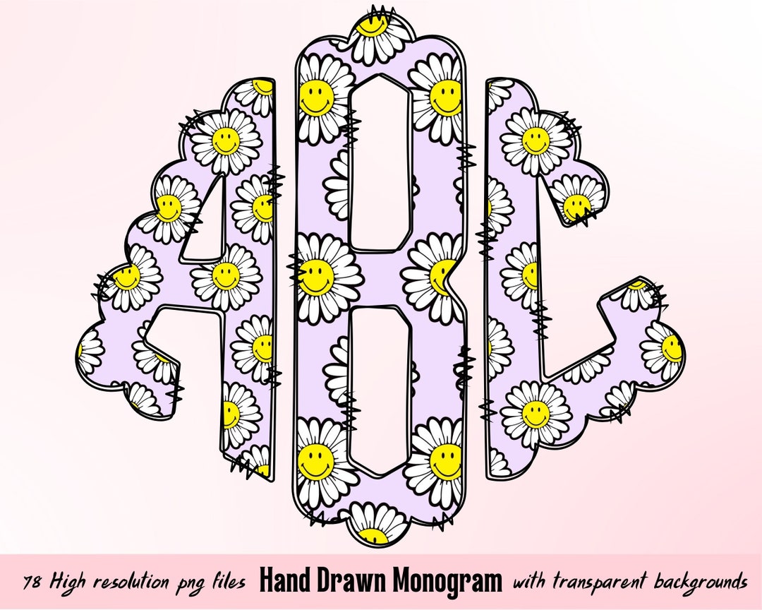 Daisy Monogram Letters, Florals Sublimation PNG Hand Drawn Doodle Full ...