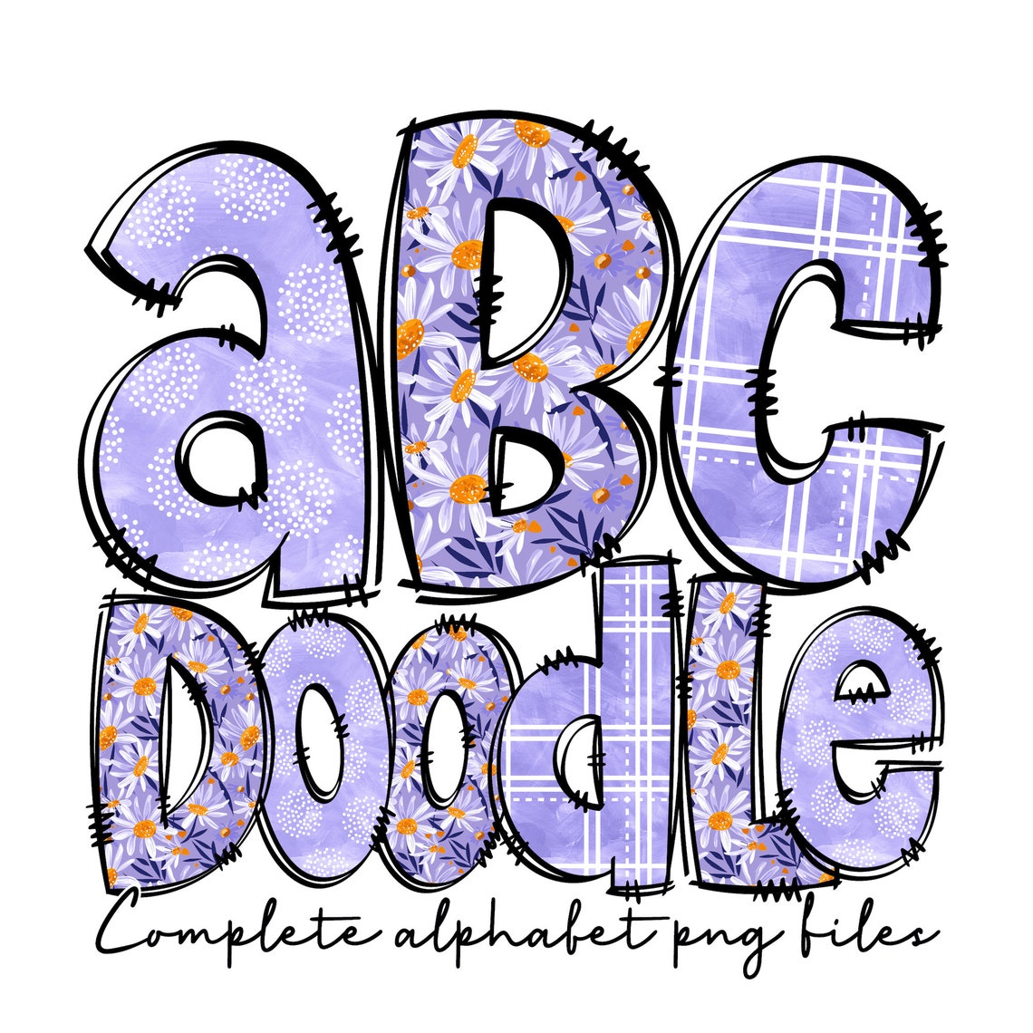Purple Daisy Alphabet Doodle Letters PNG Bundle, Spring Flower Alphabet ...