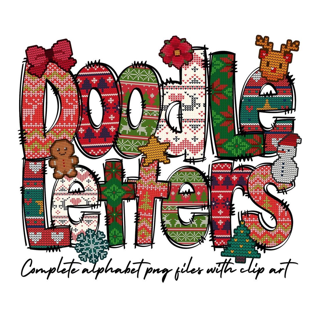 Christmas Doodle Letters Clip Art PNG Files, Uppercase Alphabet Set ...