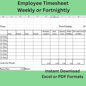 Simple Weekly or Fortnightly Employee Timesheet Instant Download, Excel ...