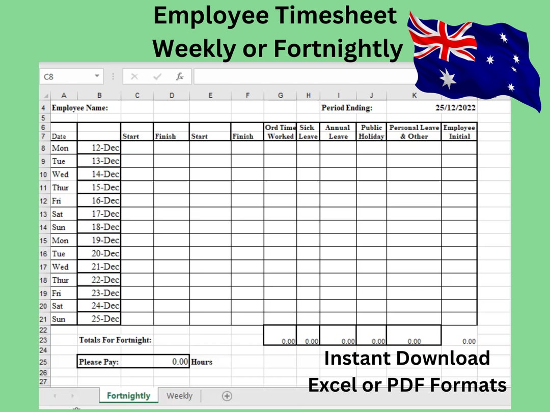 Simple Weekly or Fortnightly Employee Timesheet Instant Download, Excel ...