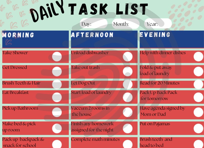 Daily Task List, Chore List, Kids and Teens Chores, List to Help Kids ...
