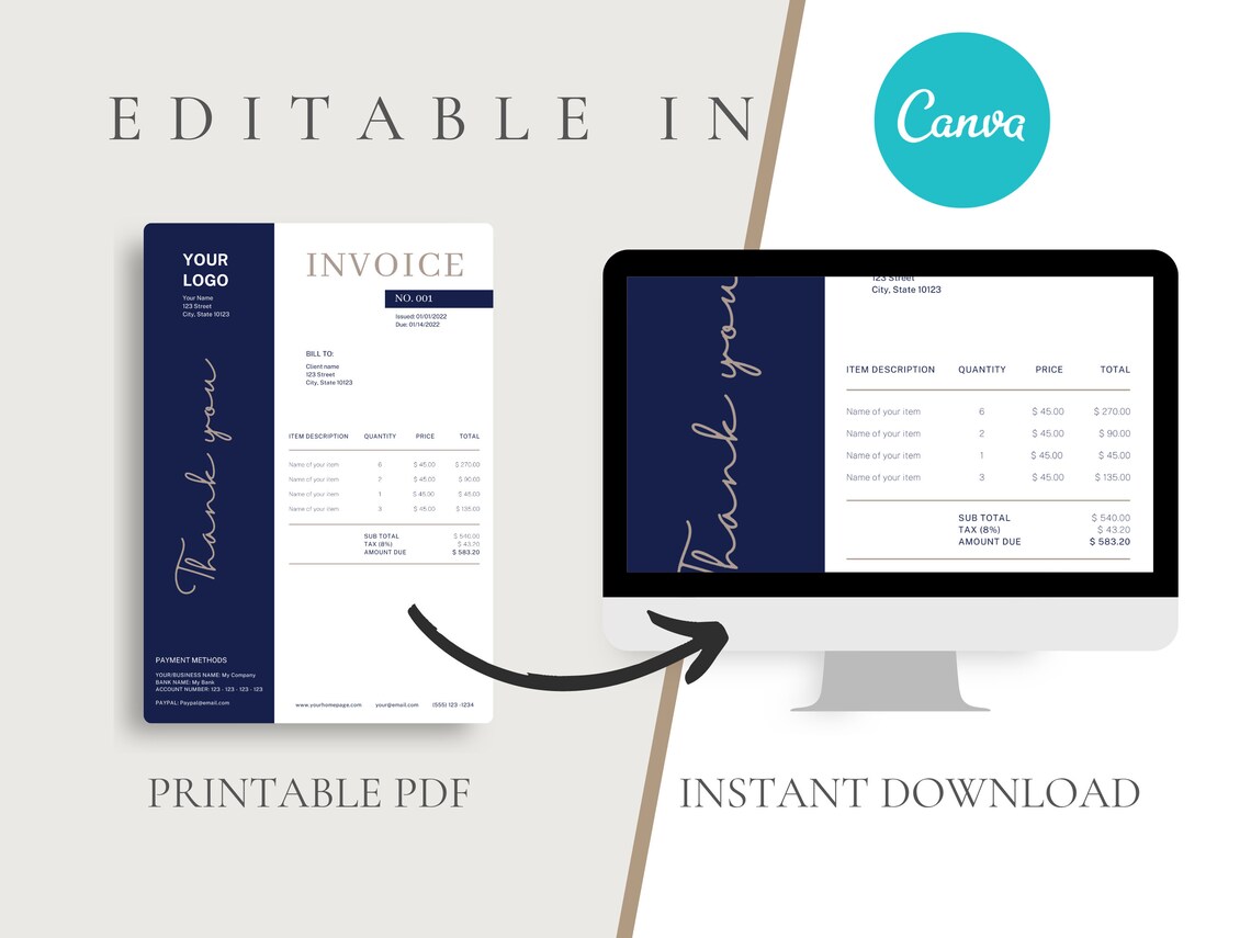 BLUE Editable Invoice Template Printable Invoice Template Canva Invoice ...