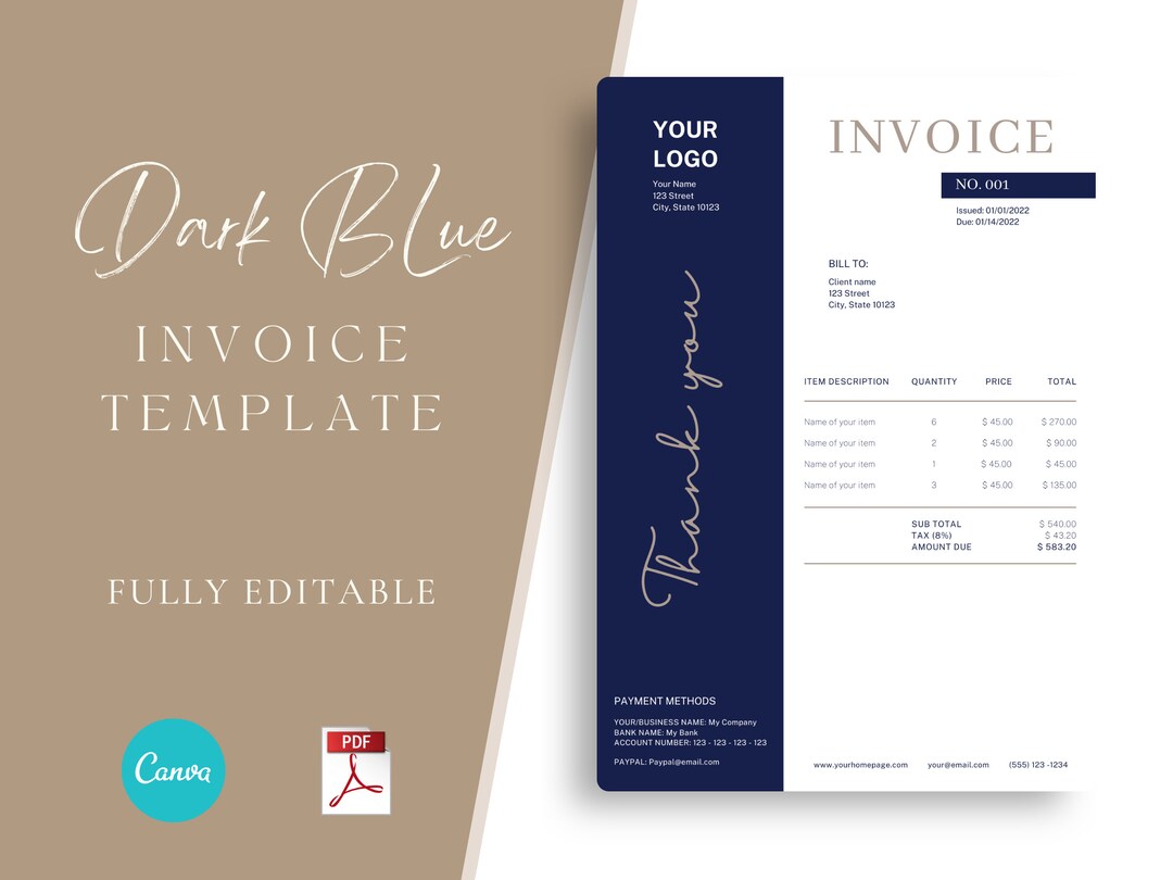 BLUE Editable Invoice Template Printable Invoice Template Canva Invoice ...