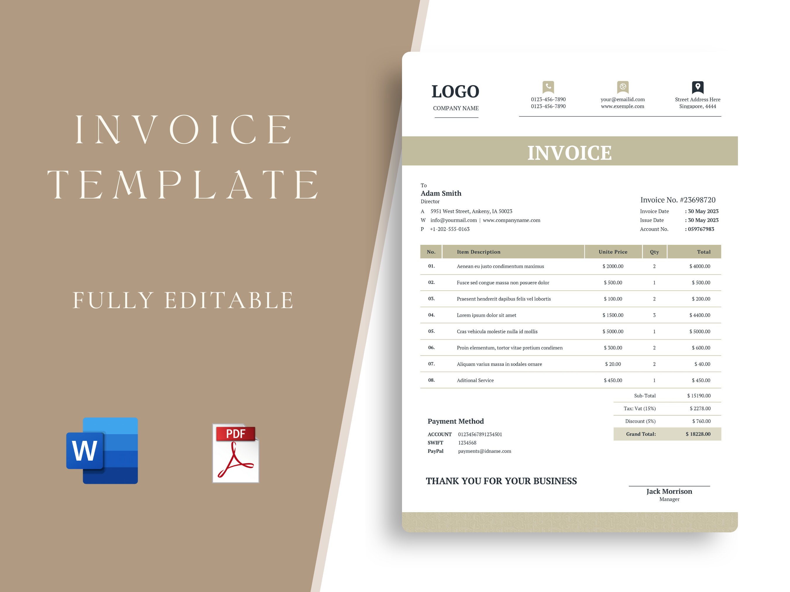 Editable Invoice Template for Google Docs and Word | Printable Invoice ...