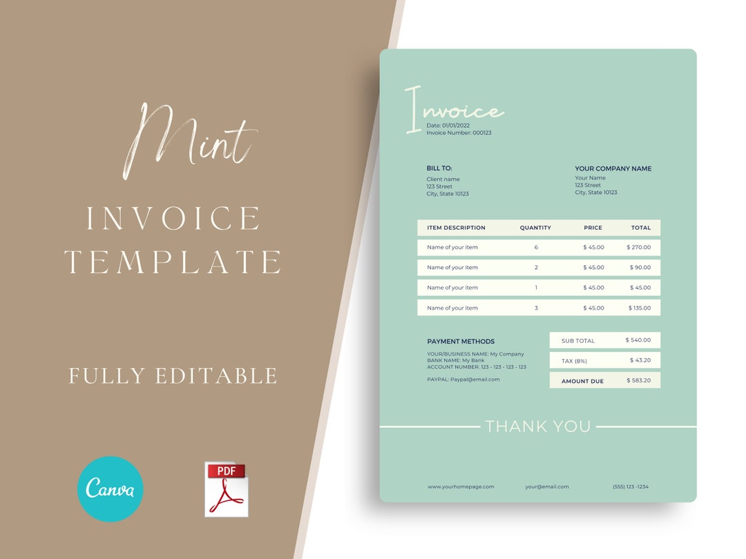 MINT Editable Invoice Template | Printable Invoice Template | Canva ...