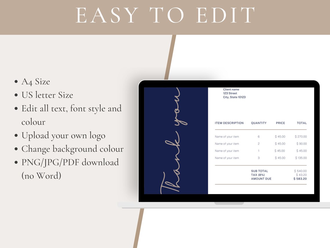 BLUE Editable Invoice Template Printable Invoice Template Canva Invoice ...