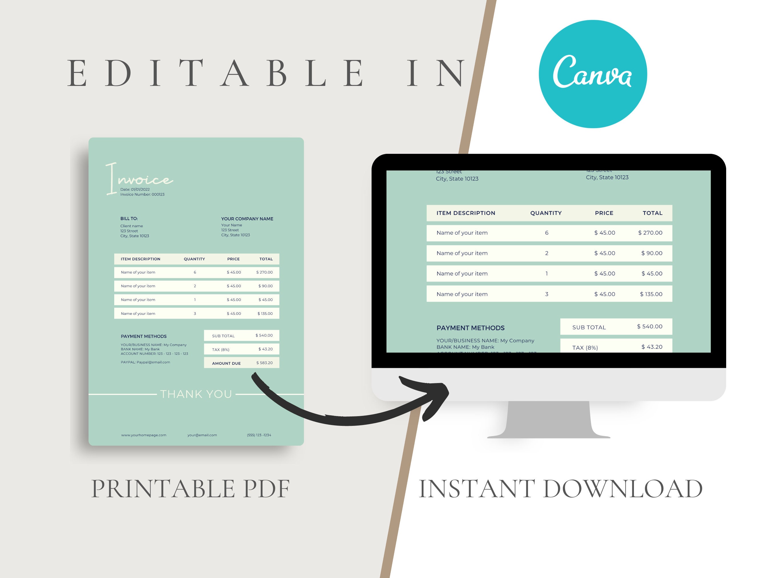 MINT Editable Invoice Template | Printable Invoice Template | Canva ...