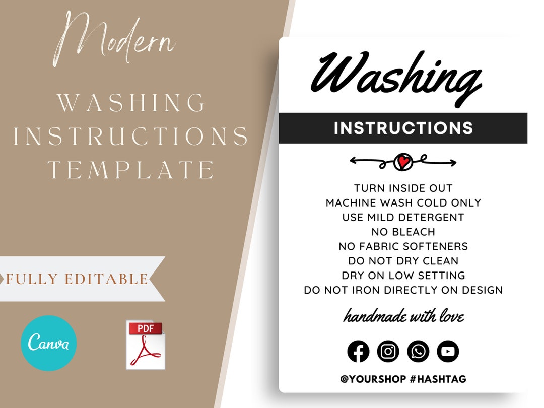 Modern Editable Washing Care Card Template | Washing Instruction Care ...