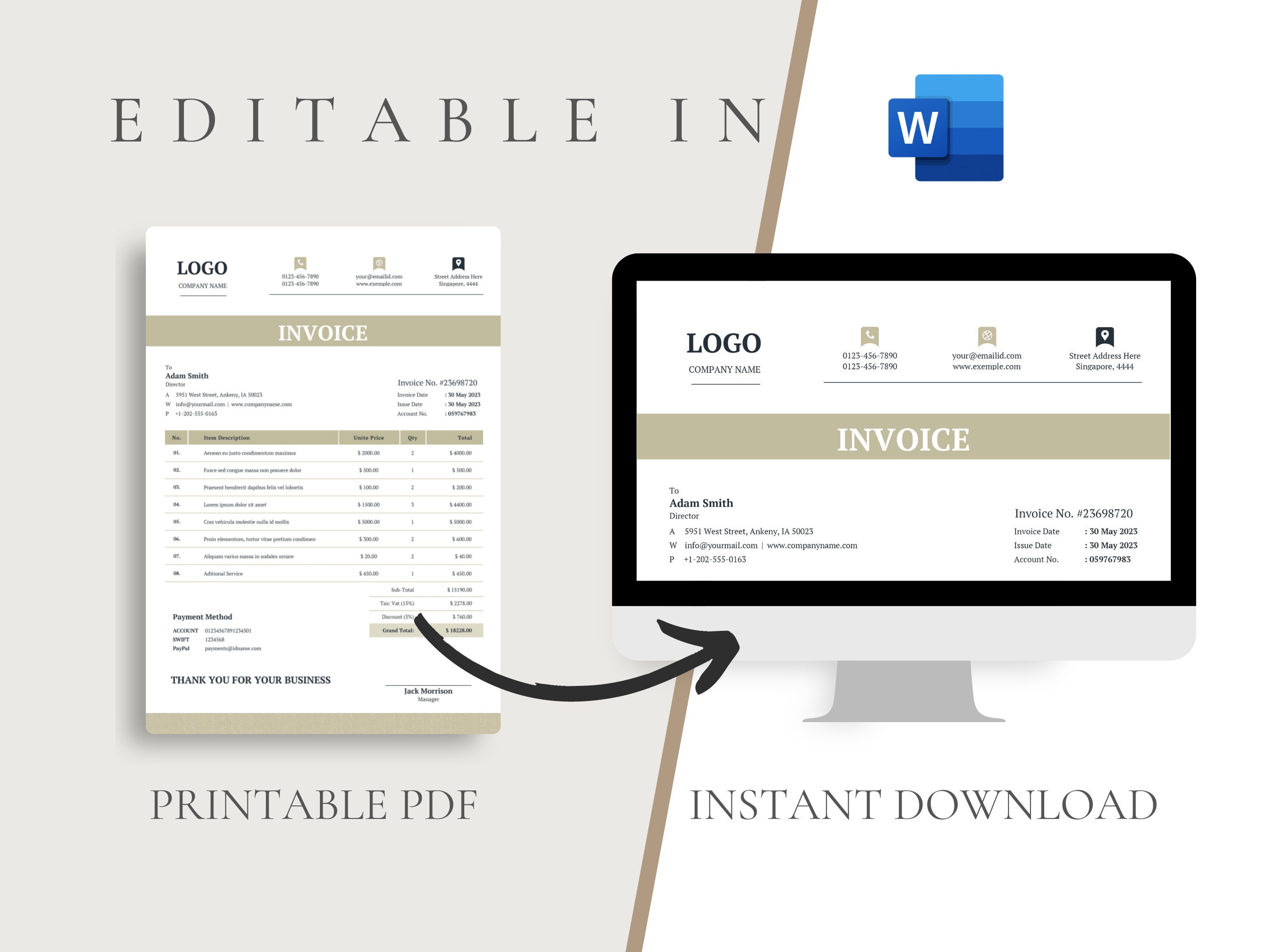 Editable Invoice Template for Google Docs and Word | Printable Invoice ...