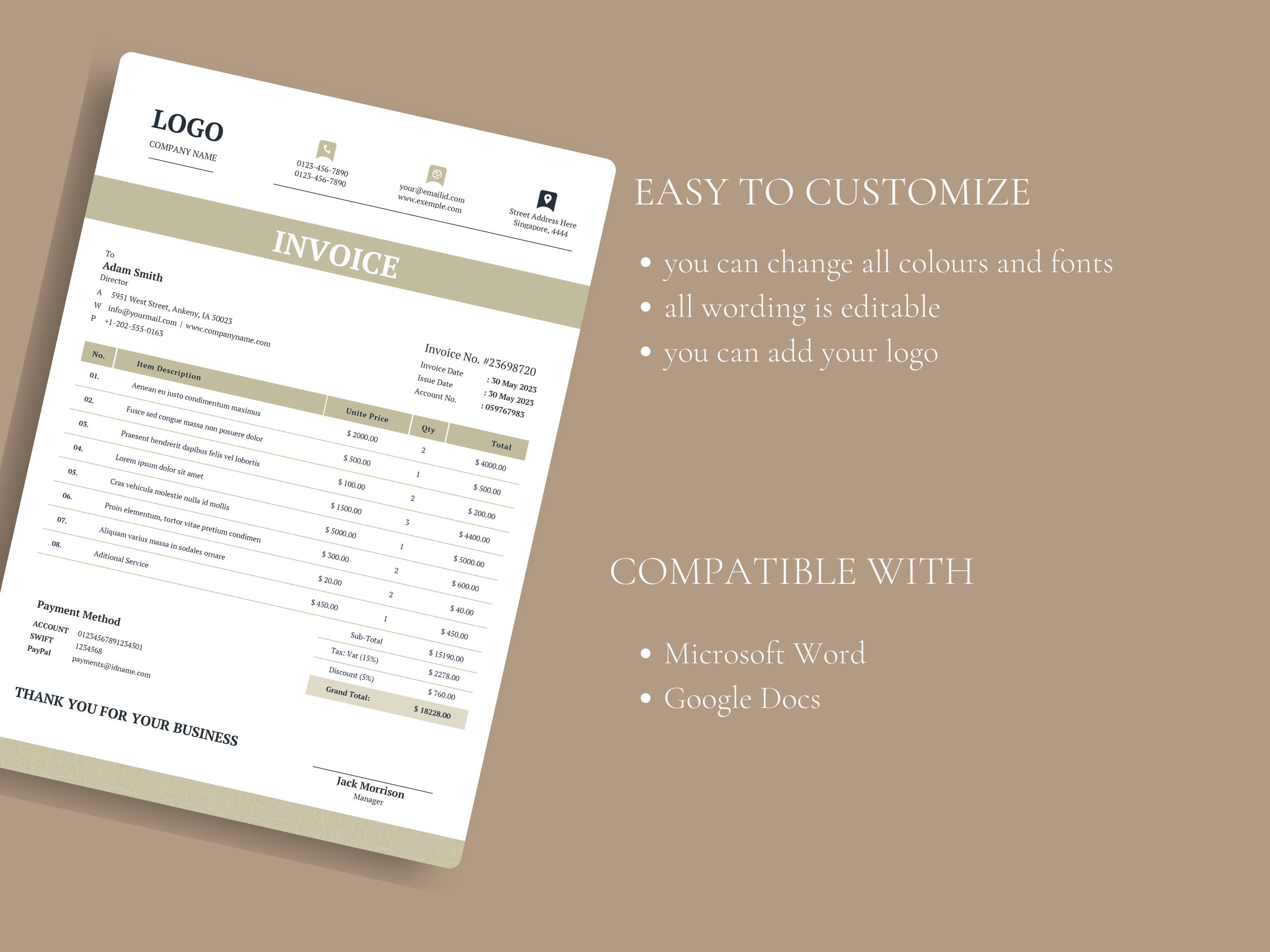 Editable Invoice Template for Google Docs and Word | Printable Invoice ...