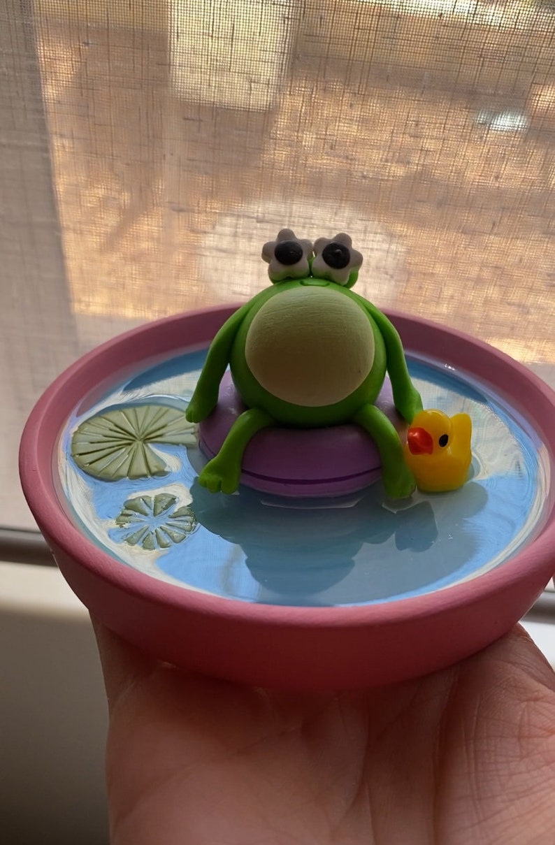 Trinket Dish: Sunbathing Frog / Float / Rubber Duck / Pond / Ceramic / Resin / Polymer Clay ...
