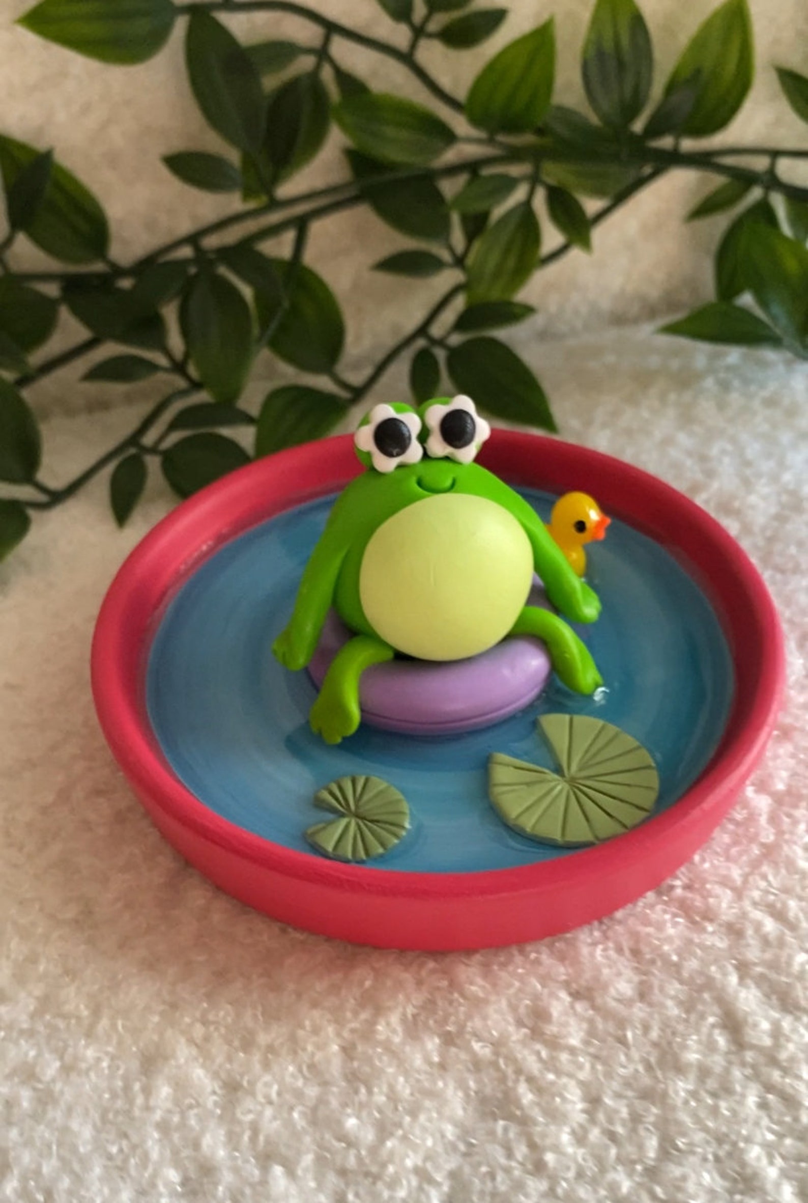 Trinket Dish: Sunbathing Frog / Float / Rubber Duck / Pond / Ceramic ...