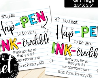 Pen Thank You Gift Tags, Hap-pen to Be Ink-credible, Teacher Staff ...