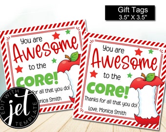 Teacher Gift Tags, Apple You Are Awesome to the Core Teacher ...