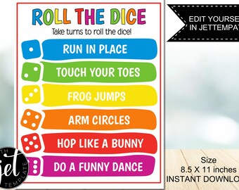 Fitness and Exercise Activity for Kids, Brain Break, Dice Game Movement ...