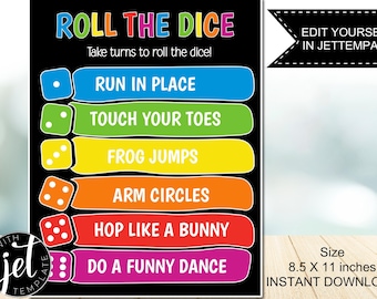 Fitness and Exercise Activity for Kids, Brain Break, Dice Game Movement ...