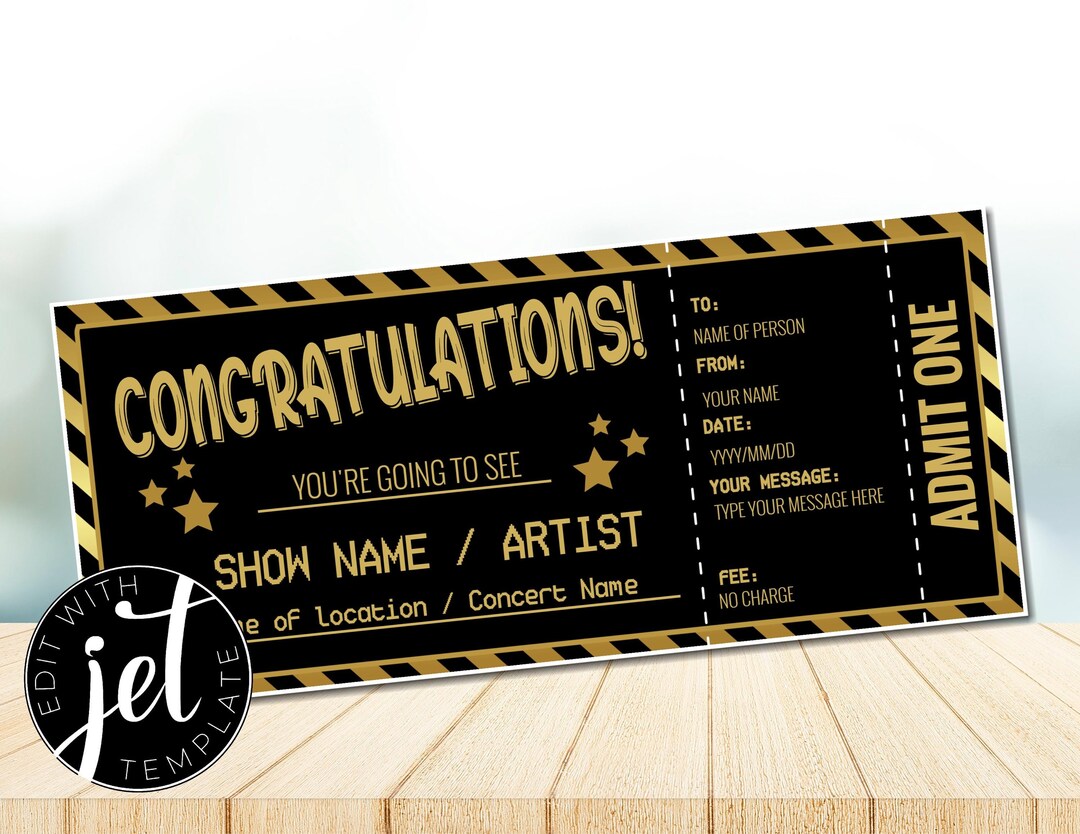 Printable Concert Ticket Congratulations Gift Card, Printable Template ...