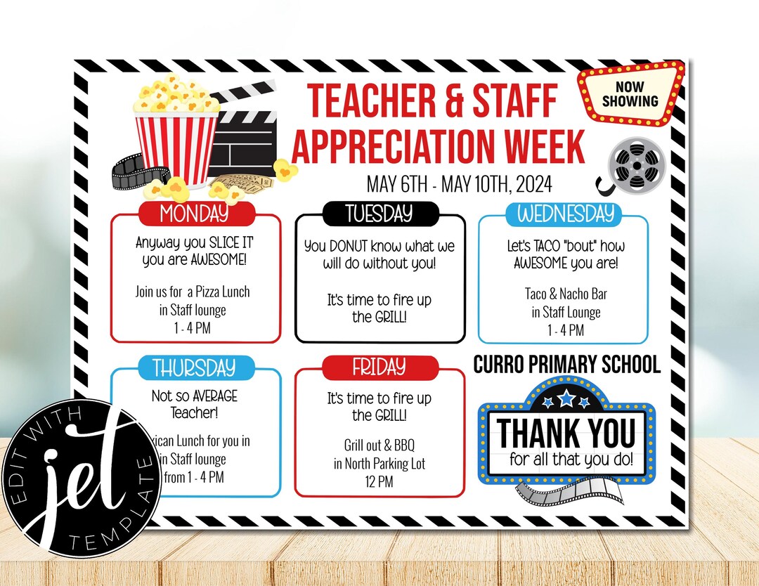 Editable Teacher and Staff Appreciation Week Flyer, Itinerary Week ...