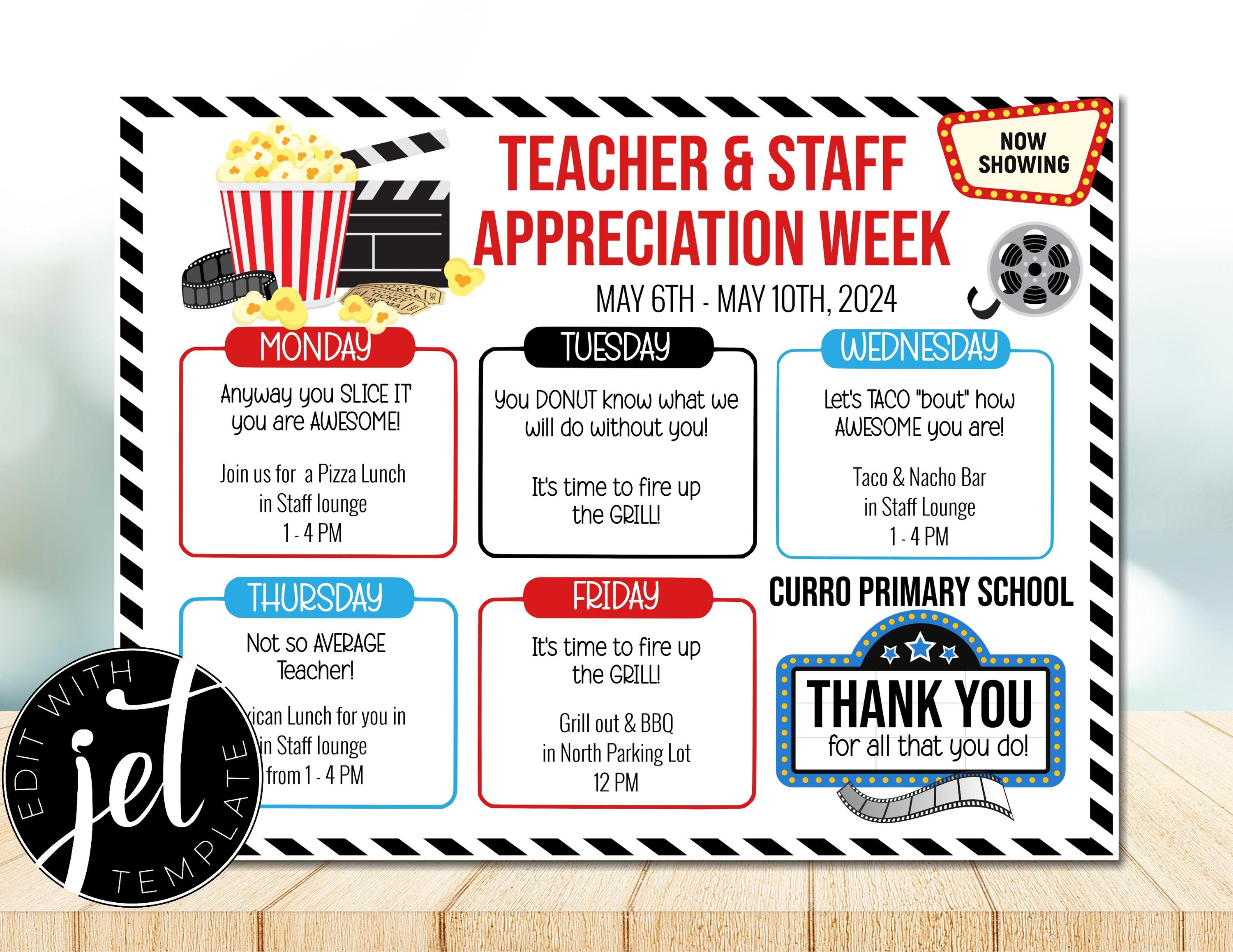 Editable Teacher and Staff Appreciation Week Flyer, Itinerary Week ...