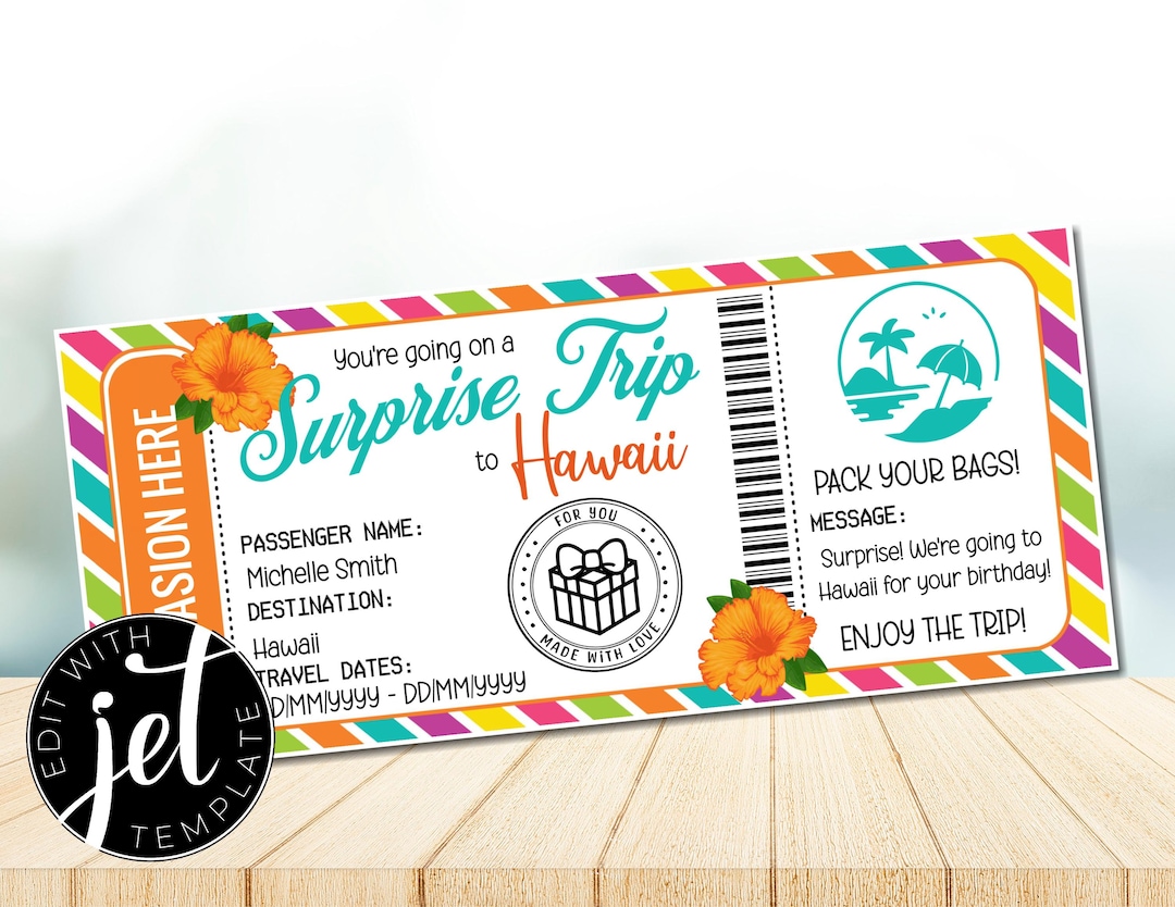 Printable Hawaii Plane Ticket Boarding Pass Template, Surprise Trip to ...