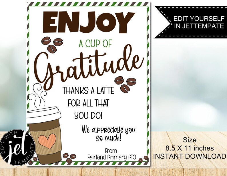 Printable Enjoy a Cup of Gratitude Coffee Sign, Thank You Staff Nurse ...