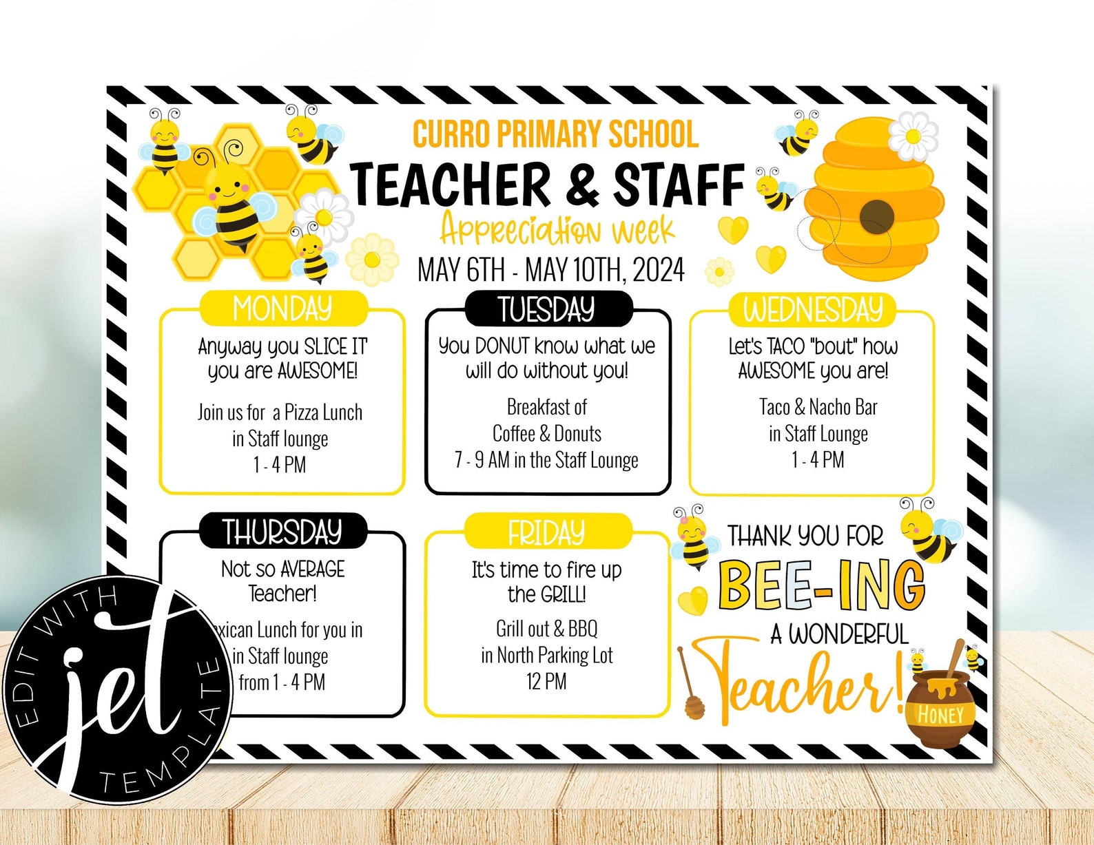 EDITABLE Bee Teacher & Staff Appreciation Flyer, Honeycomb Itinerary ...