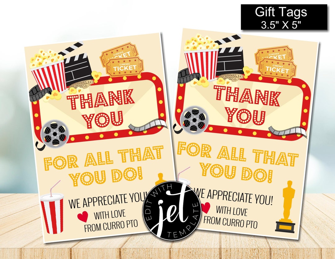 Editable Movie Appreciation Gift Tags, Hollywood Themed Teacher Week ...