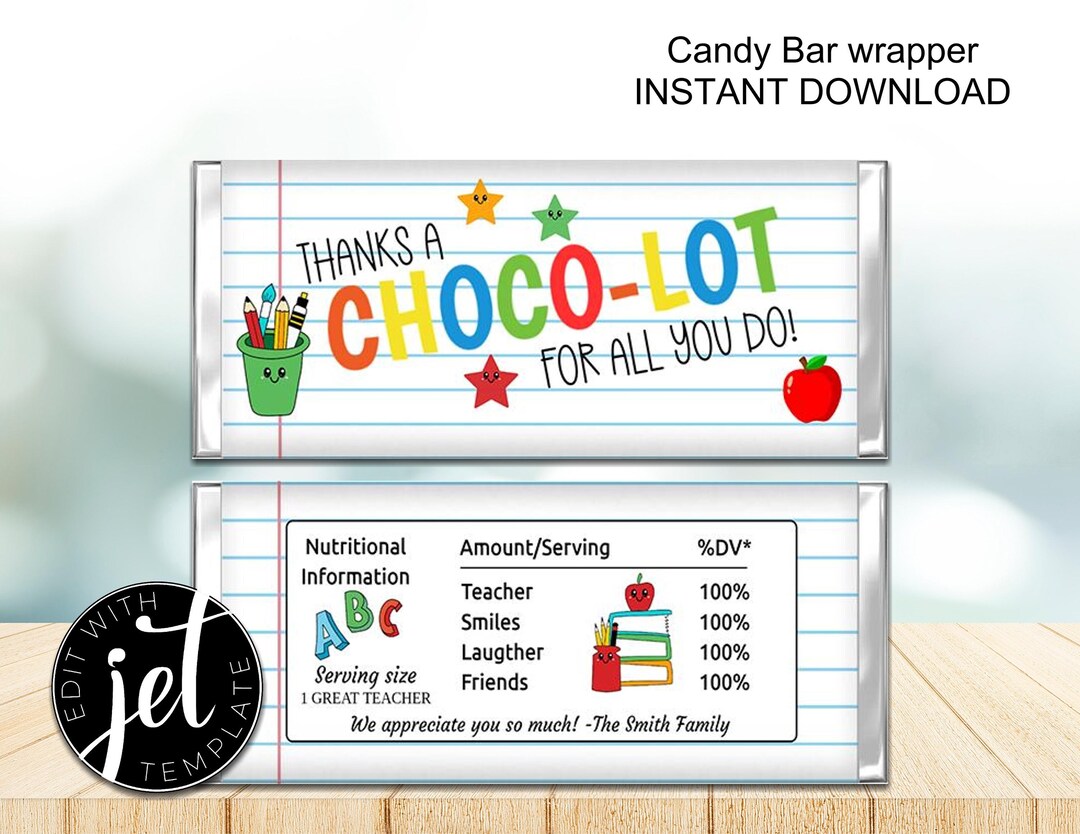 Editable Teacher Appreciation Candy Wrap, PTA PTO Chocolate Labels ...