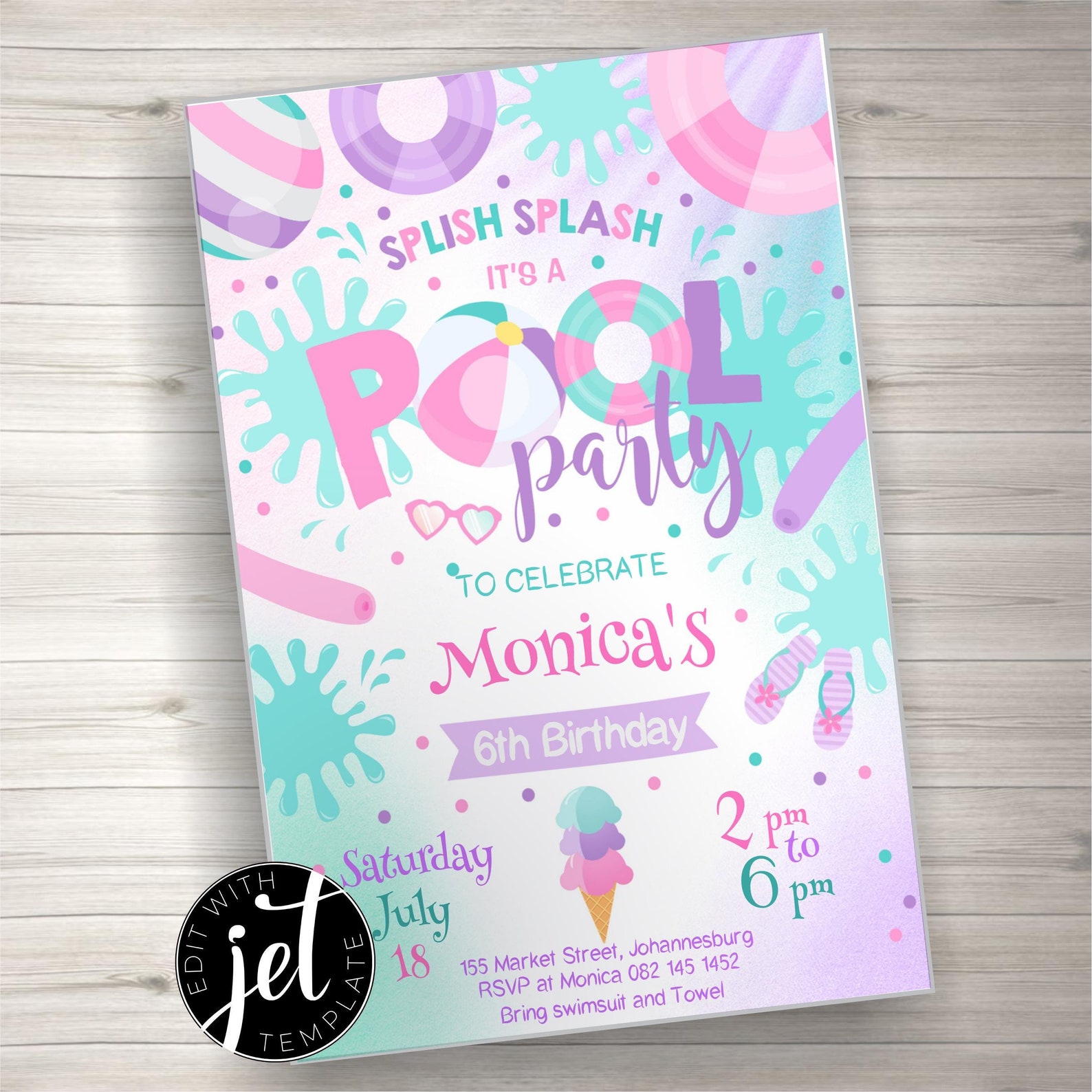 Editable Pool Party Invitation Printable, Girl Pool Party Invitation ...