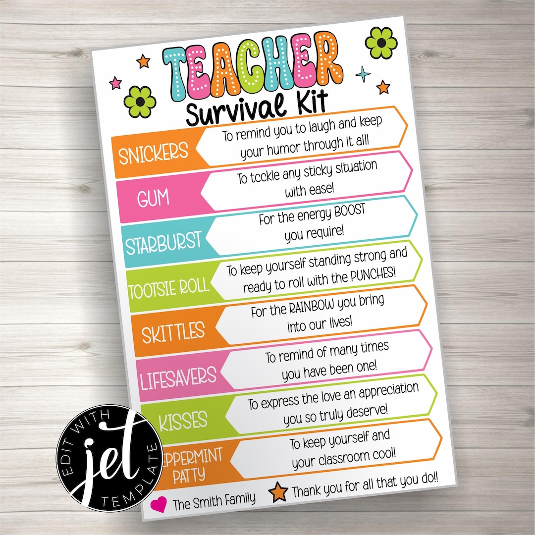 Editable Teacher Survival Kit Tag, Goody Bag, Funny Teacher and Staff ...