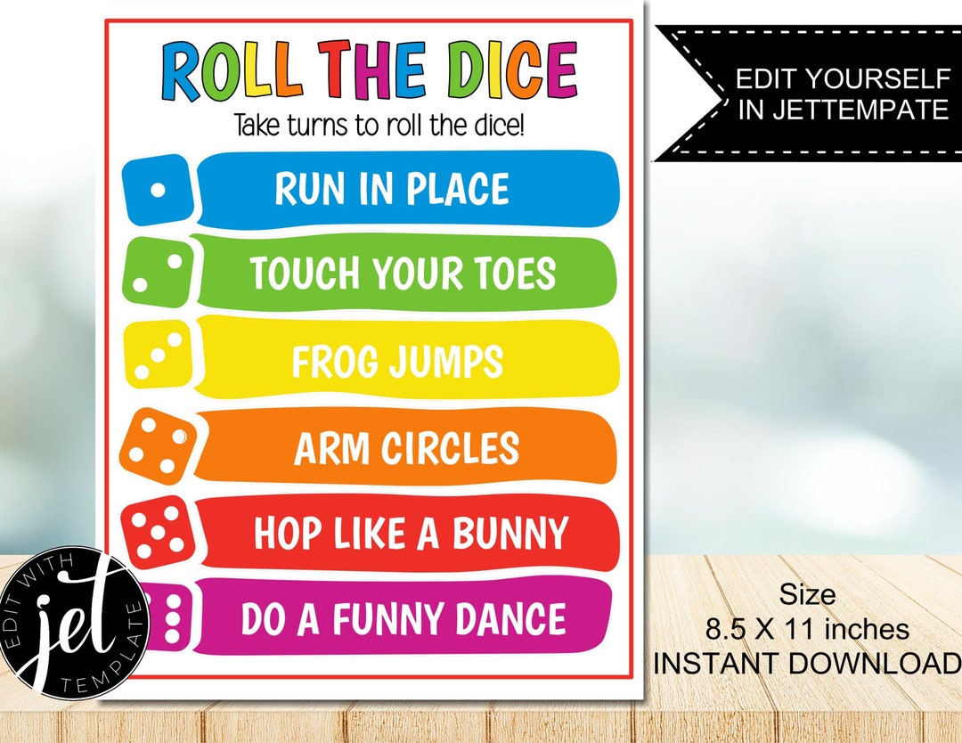 Editable Fitness and Exercise Activity for Kids, Brain Break, Dice Game ...