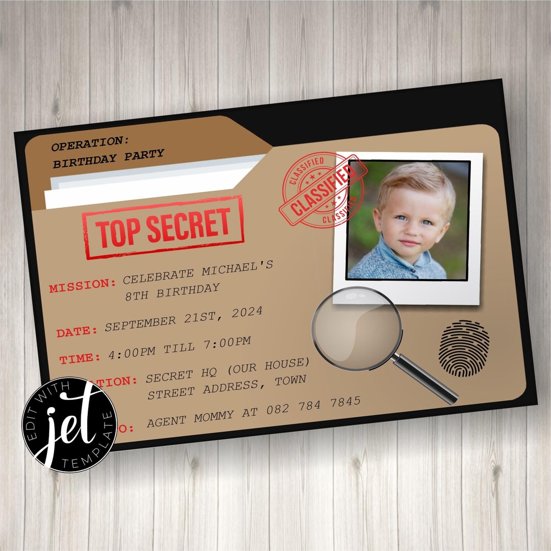 Editable Secret Agent Detective Spy Birthday Party Invite, Top Secret ...