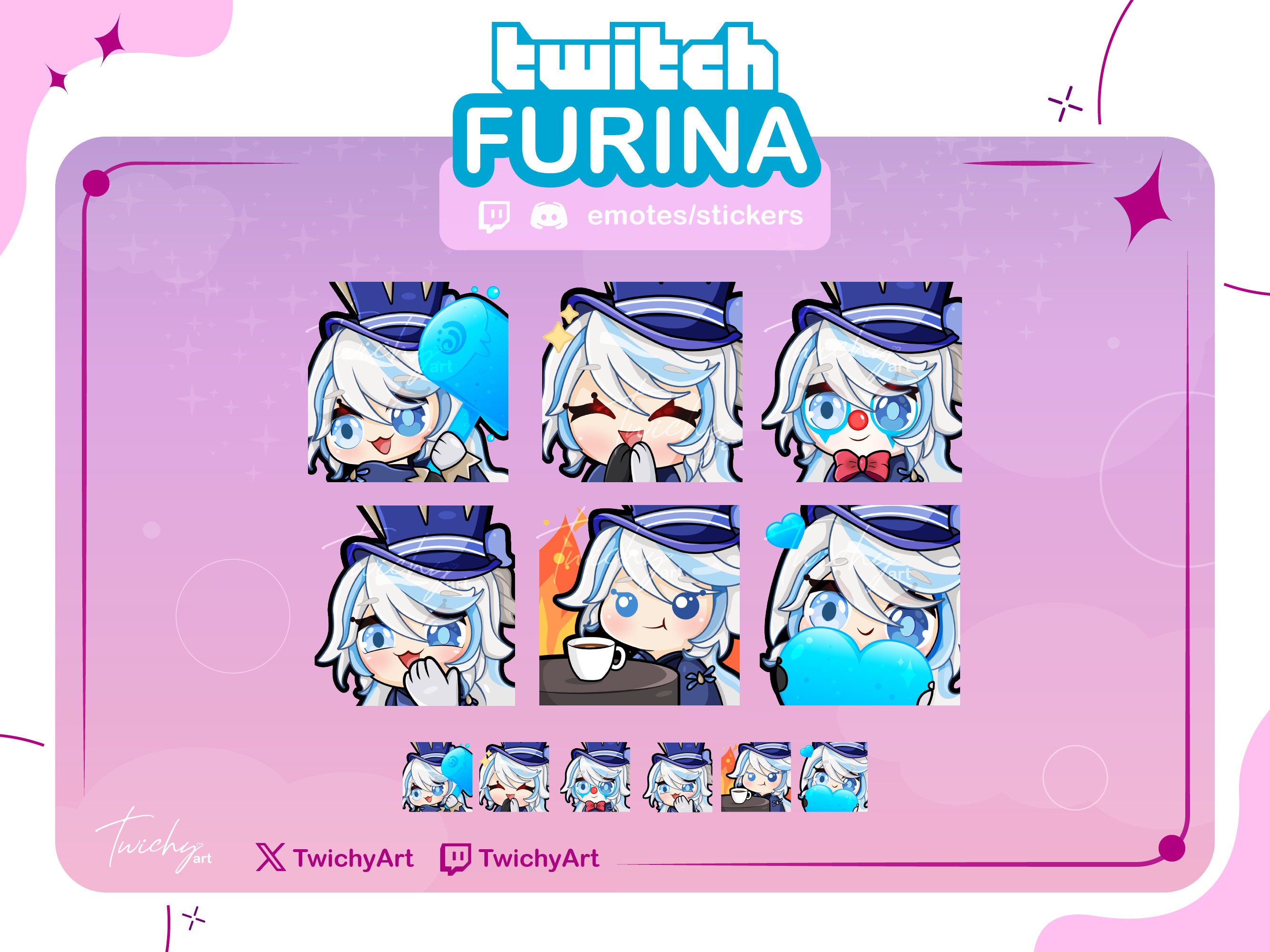 Furina Focalors 6 Emotes Pack for Twitch / Discord Stickers / Youtube ...