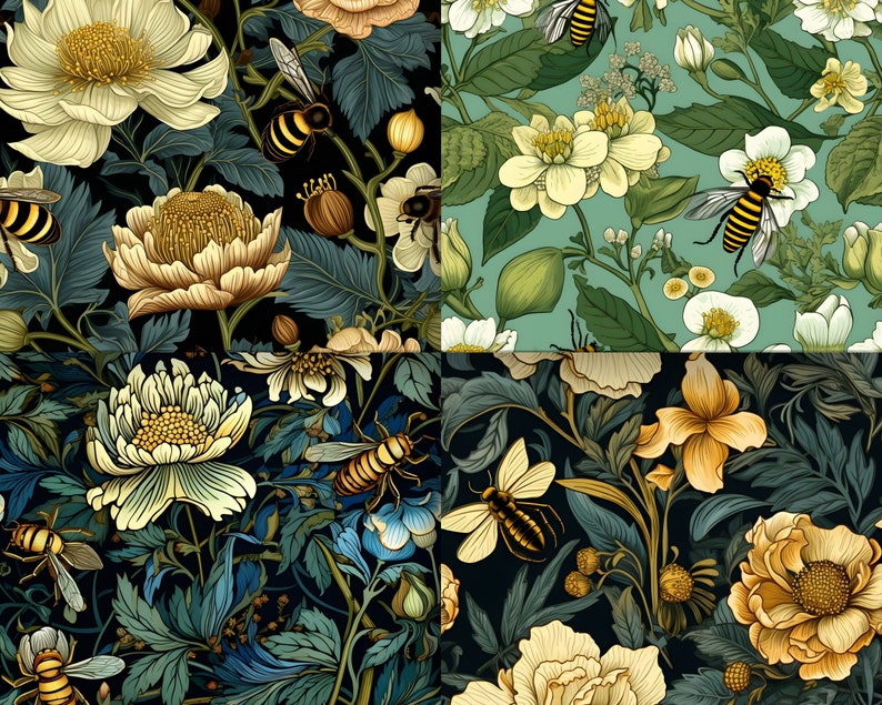 William Morris Flowers Bees Print Art Seamless Pattern Digital - Etsy