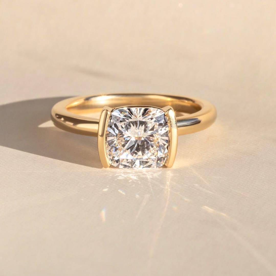 2CT Cushion Cut Half Bezel Setting Moissanite Ring | 925 Sterling ...