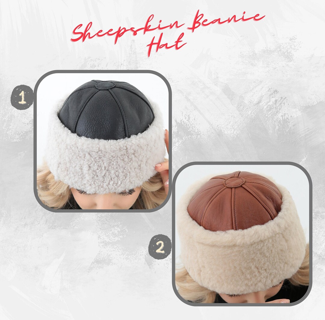 Shearling Sheepskin Hat, Brown Shearling Sheepskin Winter Hat, Black ...