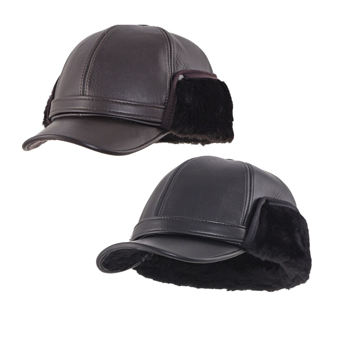 Black and Brown Color Genuine Leather Men's Baseball Cap, Aviator Cap ...