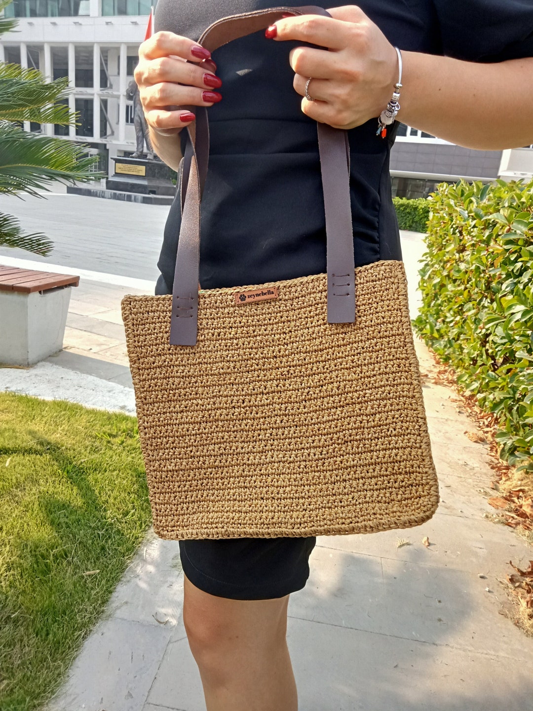 Handmade Straw Bag, Straw Bag With Leather Straps, Lined With Cotton ...