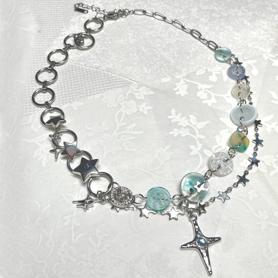 Moon and Star Necklace,buttons Bead Neckalce Sliver Chain,celestial ...