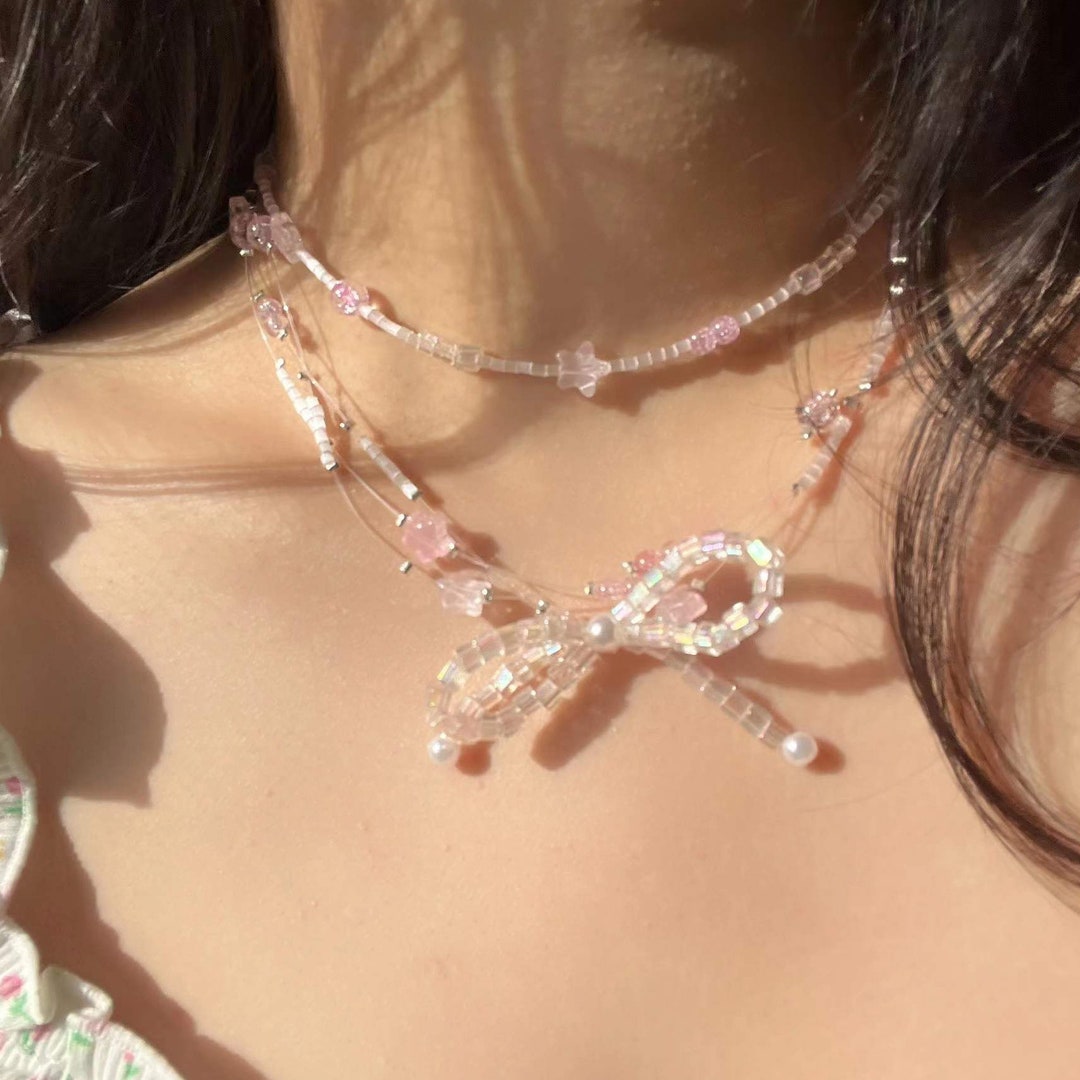 Pink Bow Bead Necklace,star Pearl Beaded Bow Necklace, Cottagecore ...