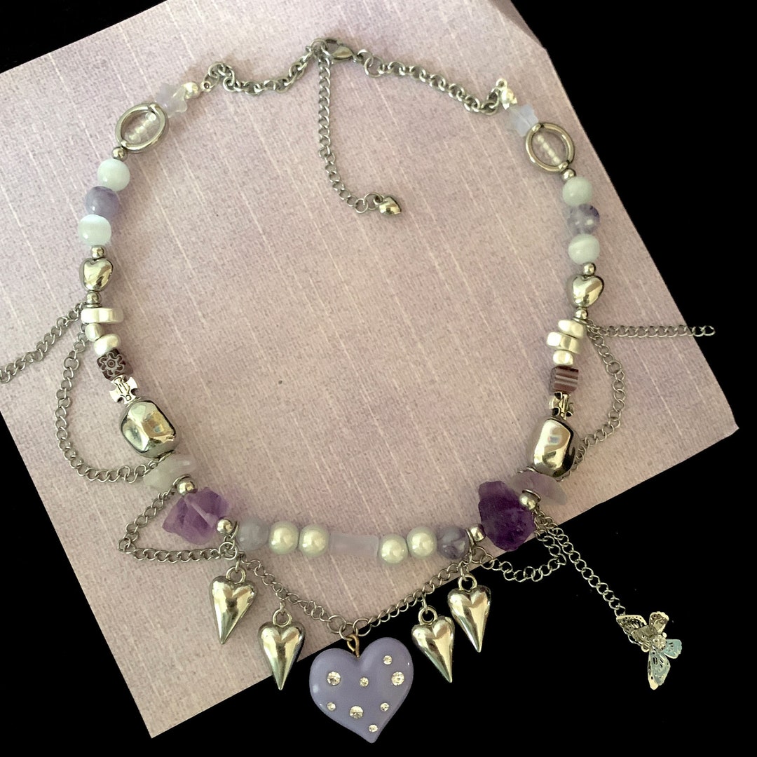 Purple Crystal Fairycore Necklace,heart Y2k Indie Jewelry Pixie ...